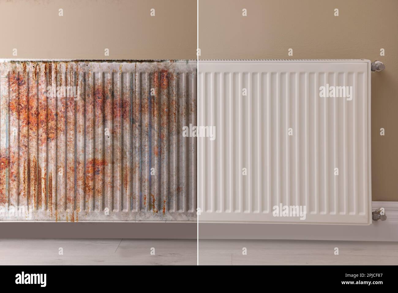 Collage with photos of panel radiator affected by rust and new one on ...
