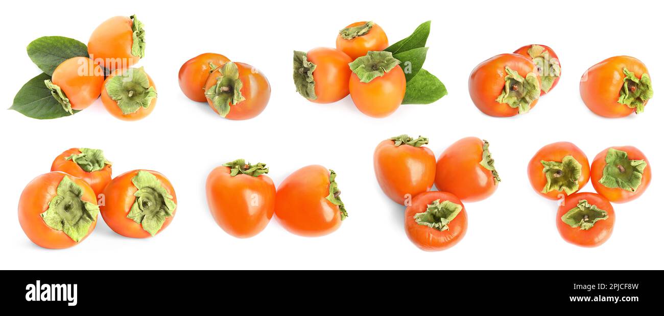 Set with sweet ripe persimmons on white background. Banner design Stock ...