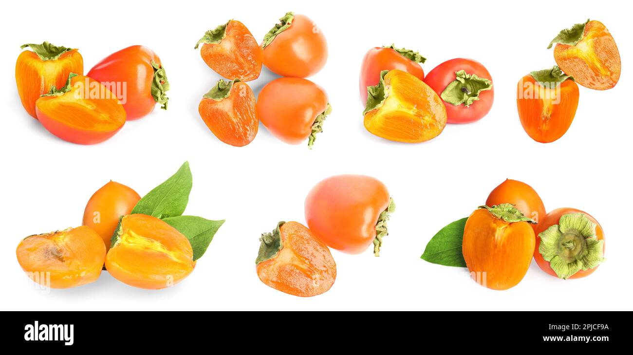 Set with sweet ripe persimmons on white background. Banner design Stock ...