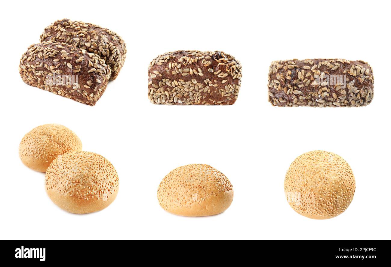 Collage with different bread on white background Stock Photo - Alamy