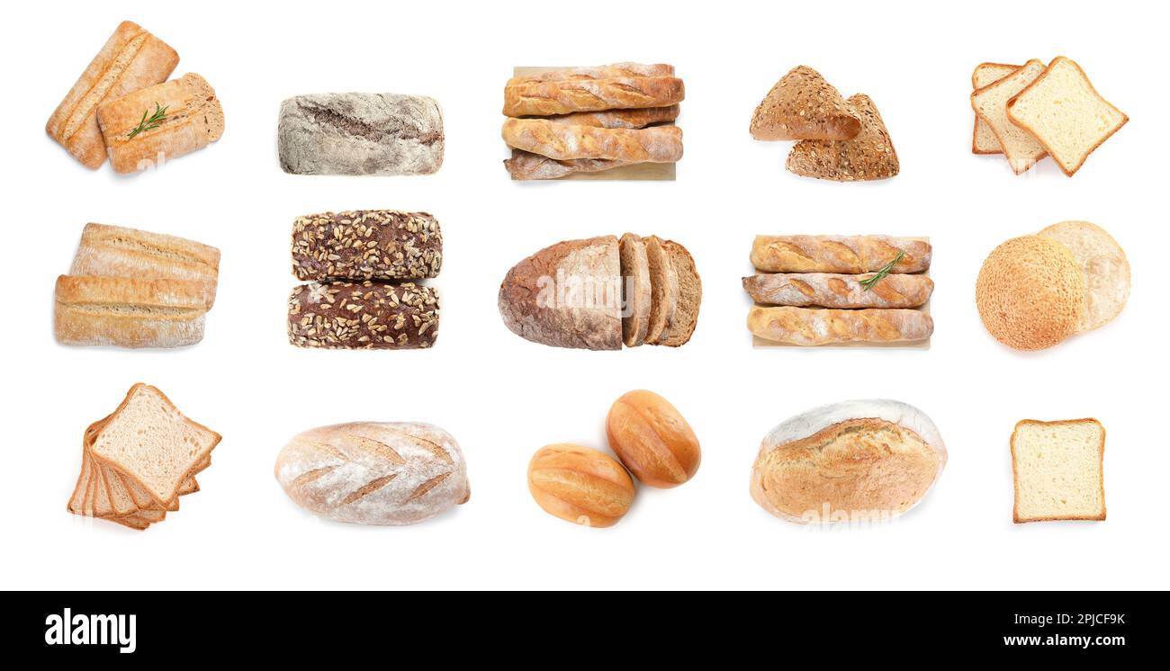 Collage with different bread on white background, top view. Banner ...
