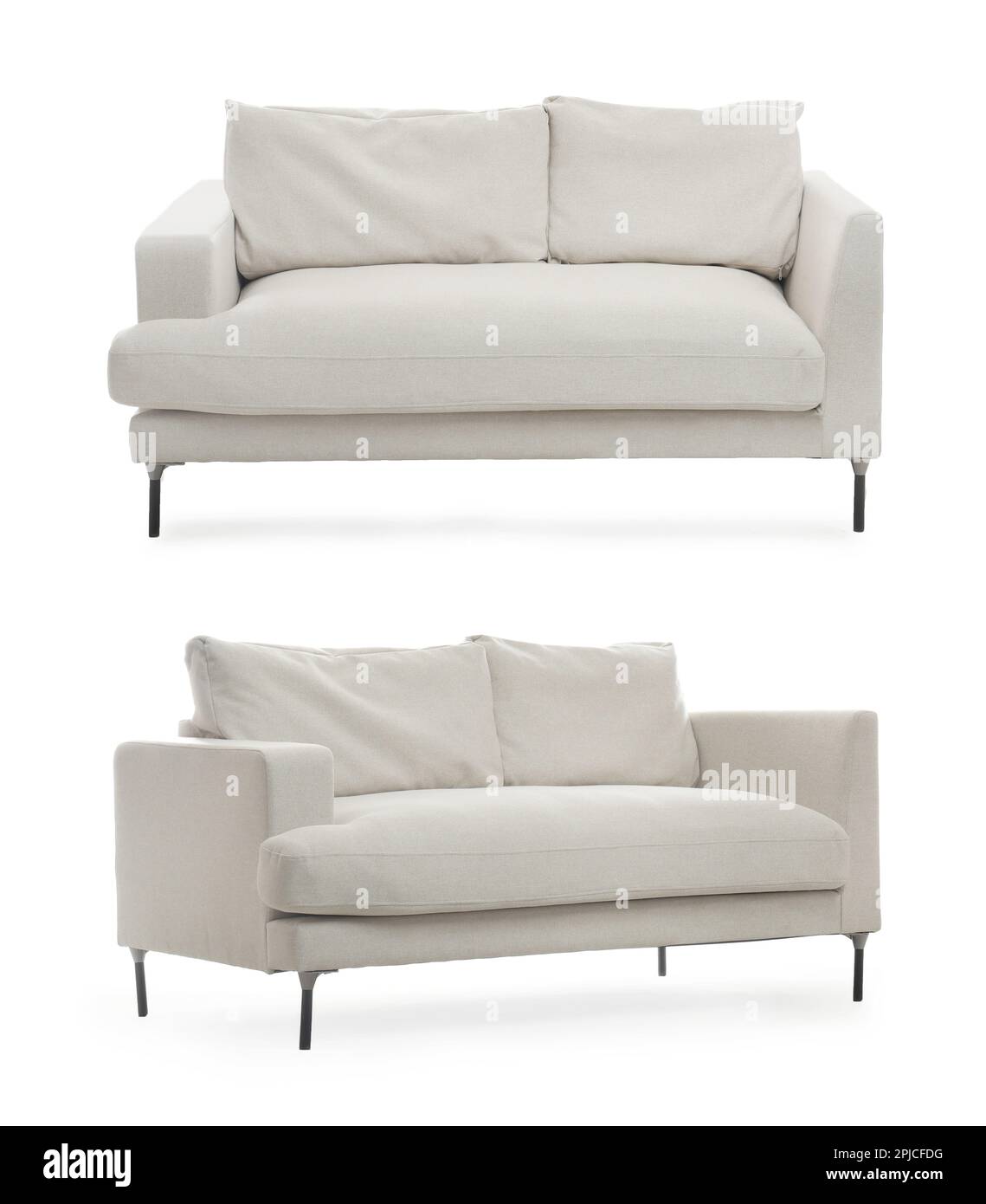 Stylish comfortable light sofas on white background, collage Stock ...