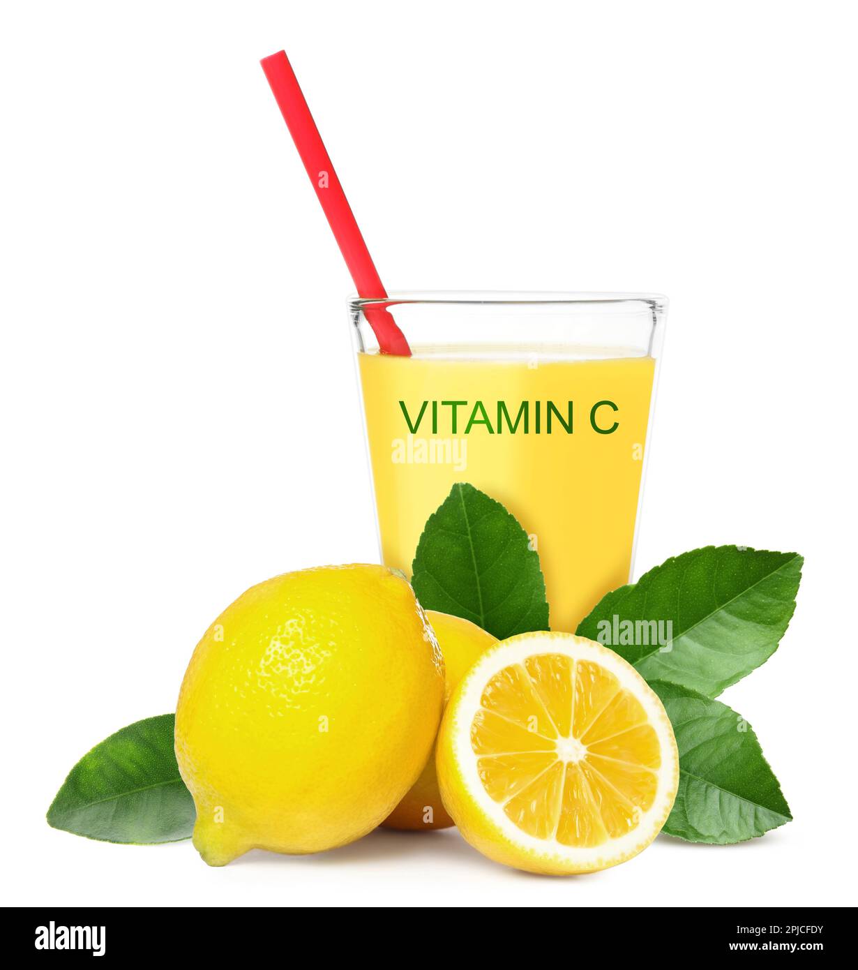 Source of Vitamin C. Glass of lemon juice, fresh fruits and green ...
