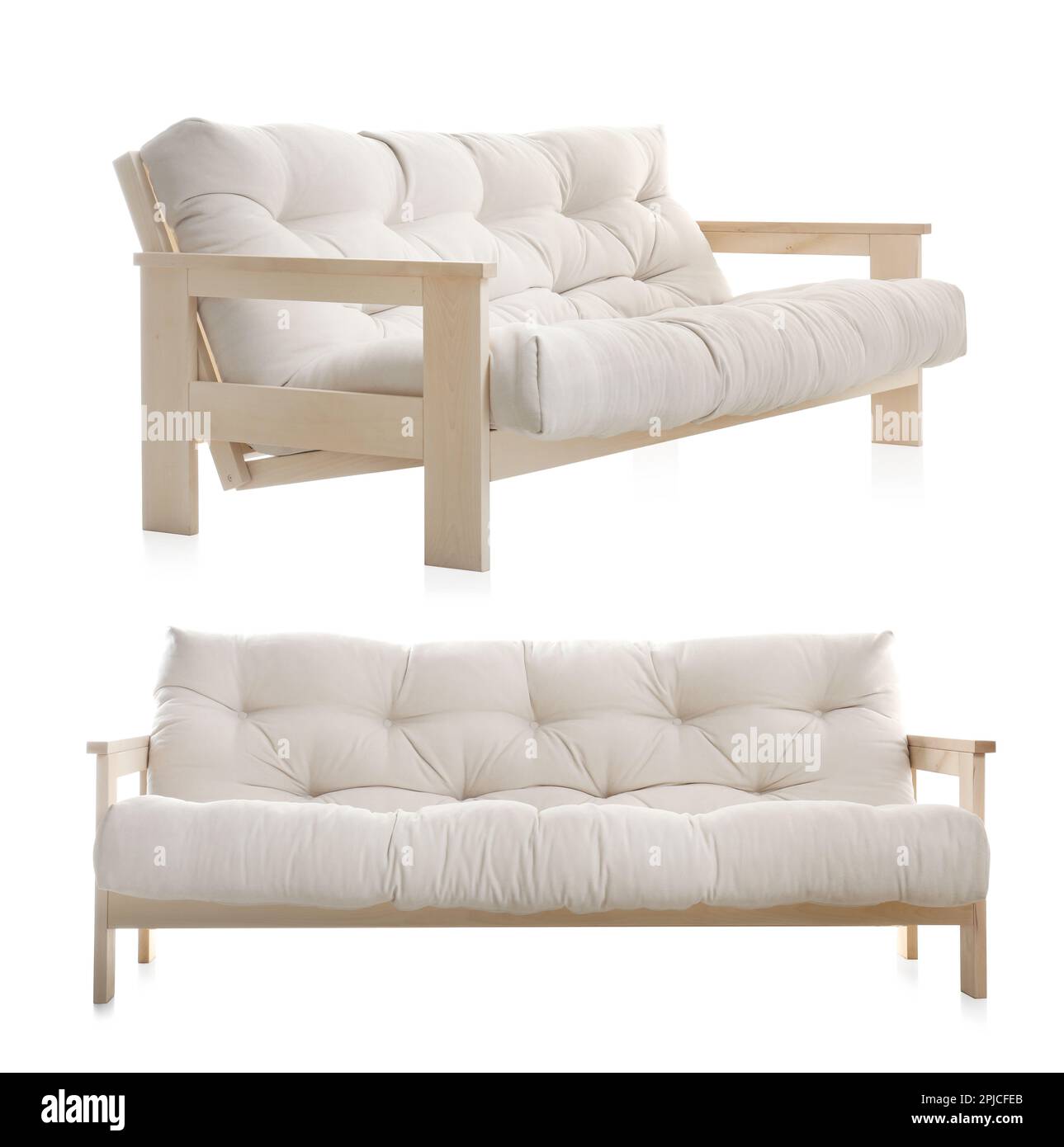 Stylish comfortable light sofas on white background, collage Stock ...