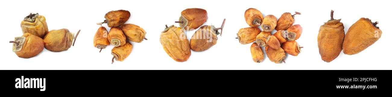 Set with tasty dried persimmon fruits on white background. Banner ...