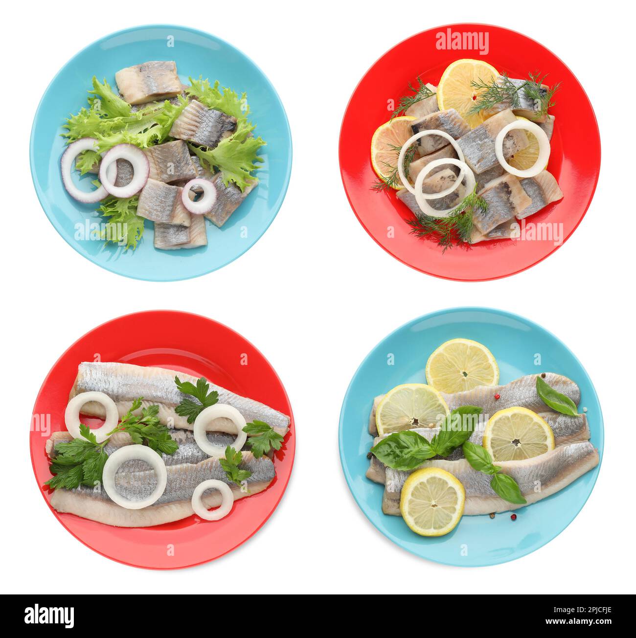 Set with delicious salted herring fillets on white background, top view ...