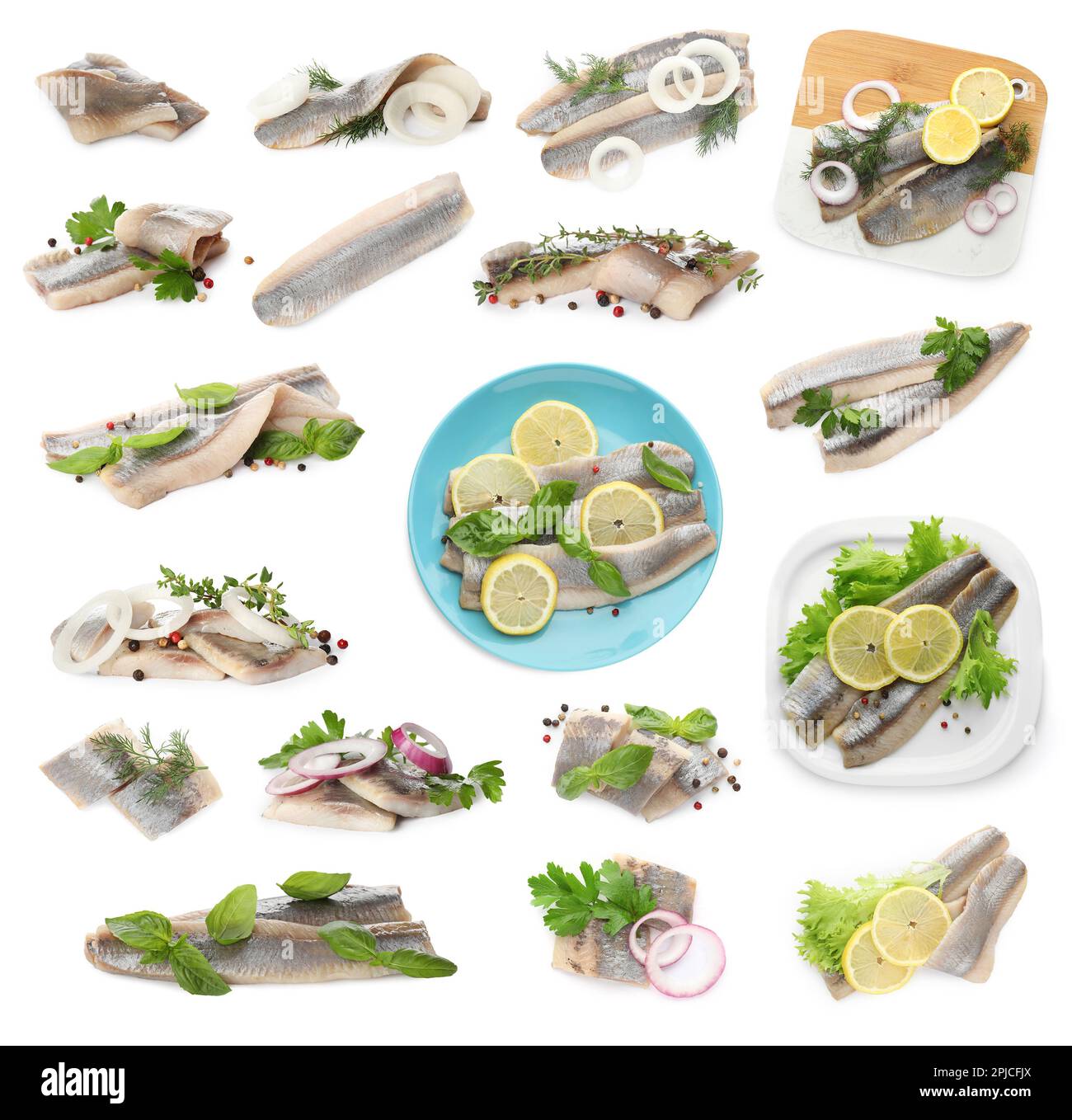 Set with delicious salted herring fillets on white background Stock ...