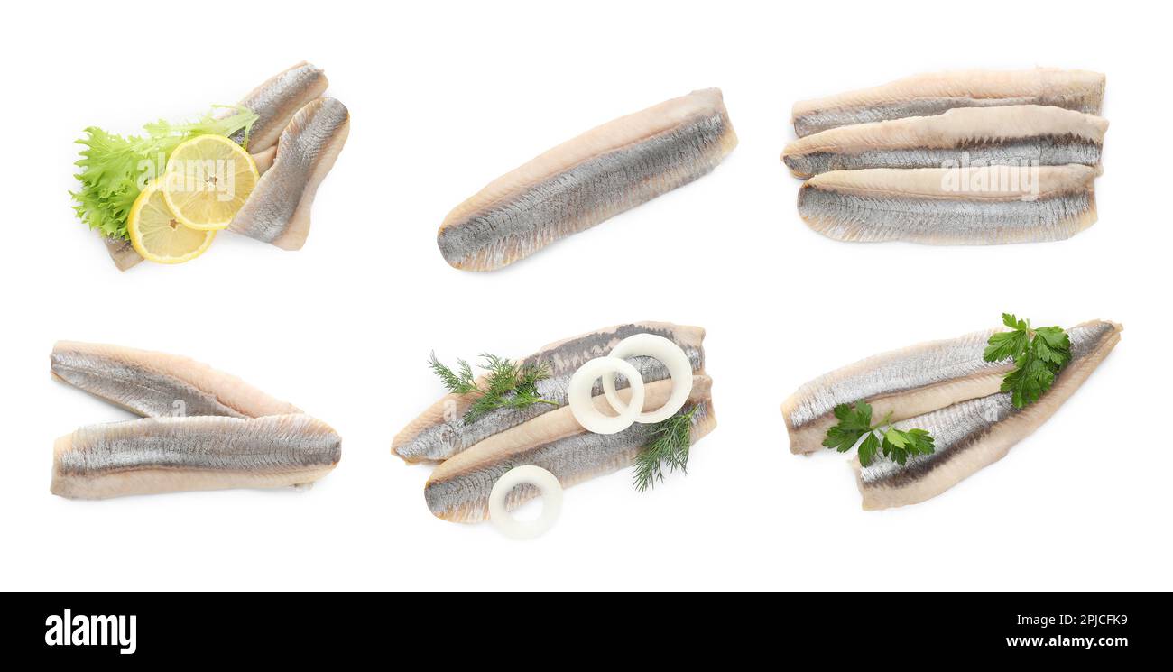 Set with delicious salted herring fillets on white background, top view ...