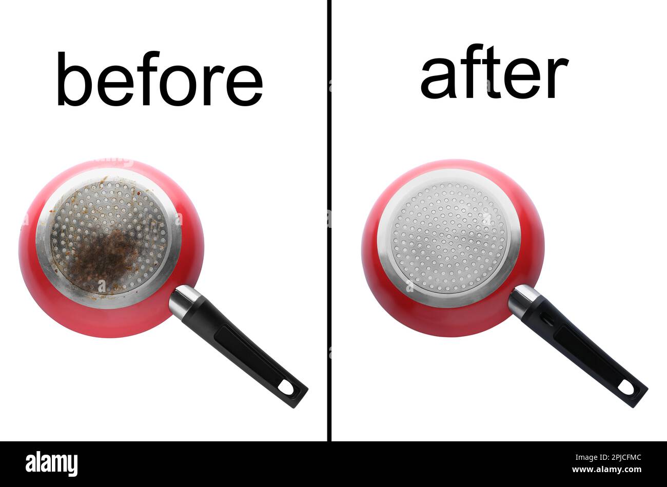 Frying pan before and after cleaning on white background, collage Stock ...