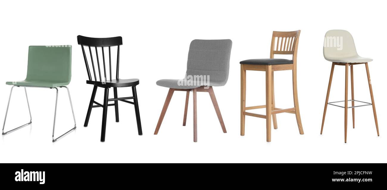 Set with different stylish chairs on white background. Banner design ...