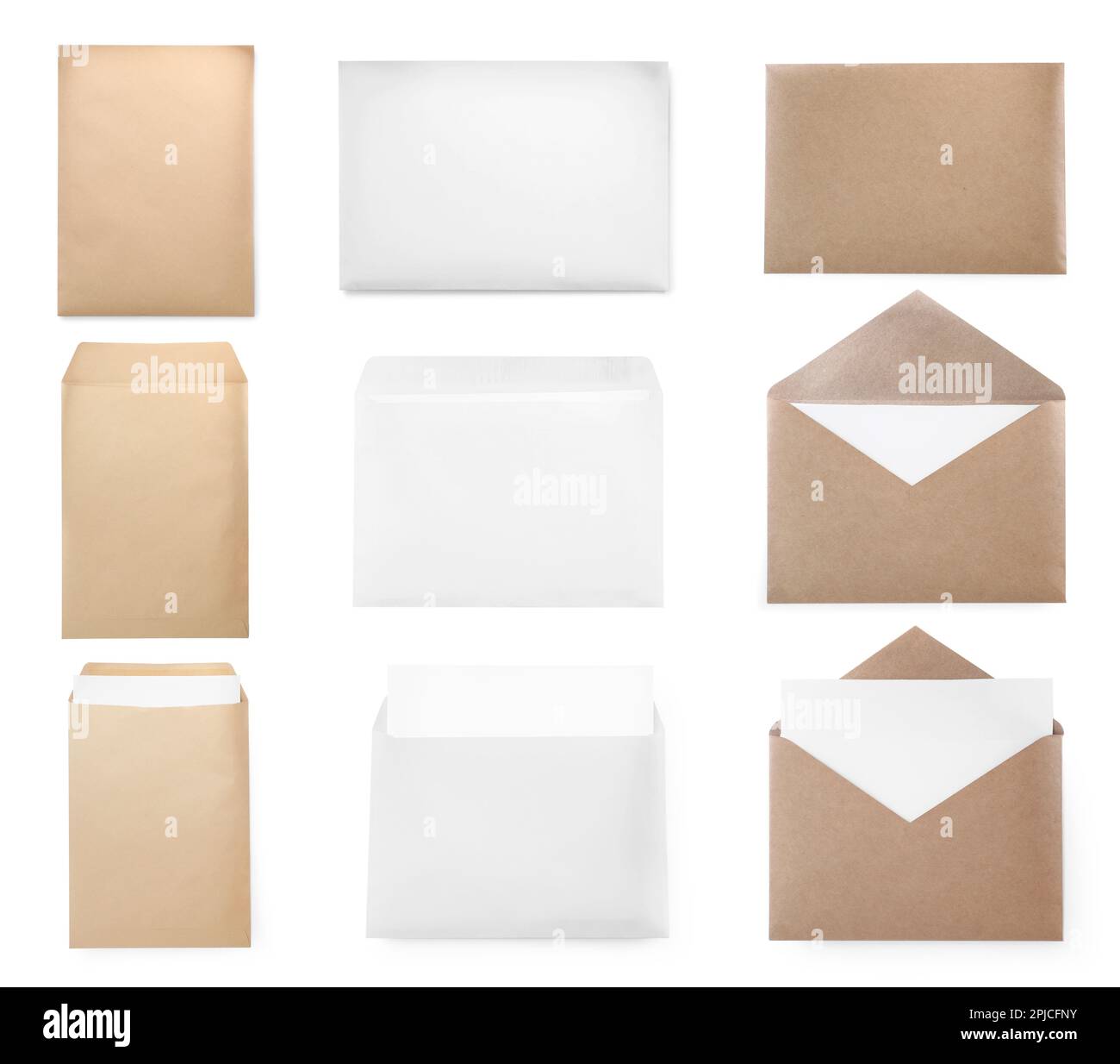 Set with different blank paper envelopes on white background Stock ...