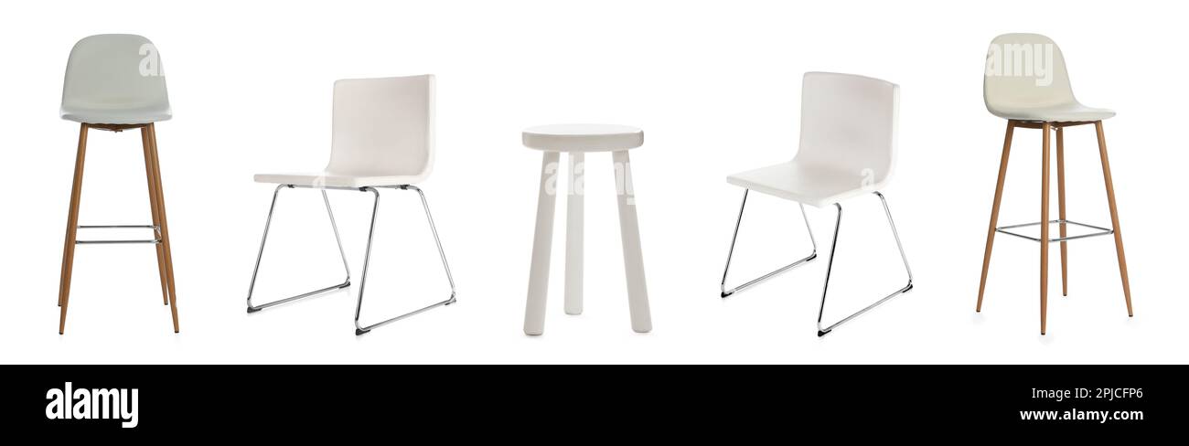 Set with different stylish chairs on white background. Banner design ...