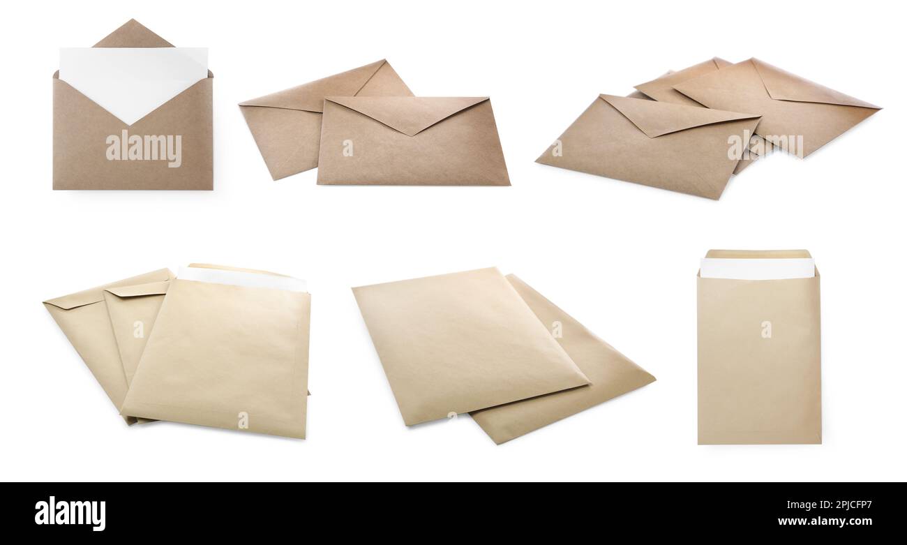 Set with blank kraft paper envelopes on white background Stock Photo ...