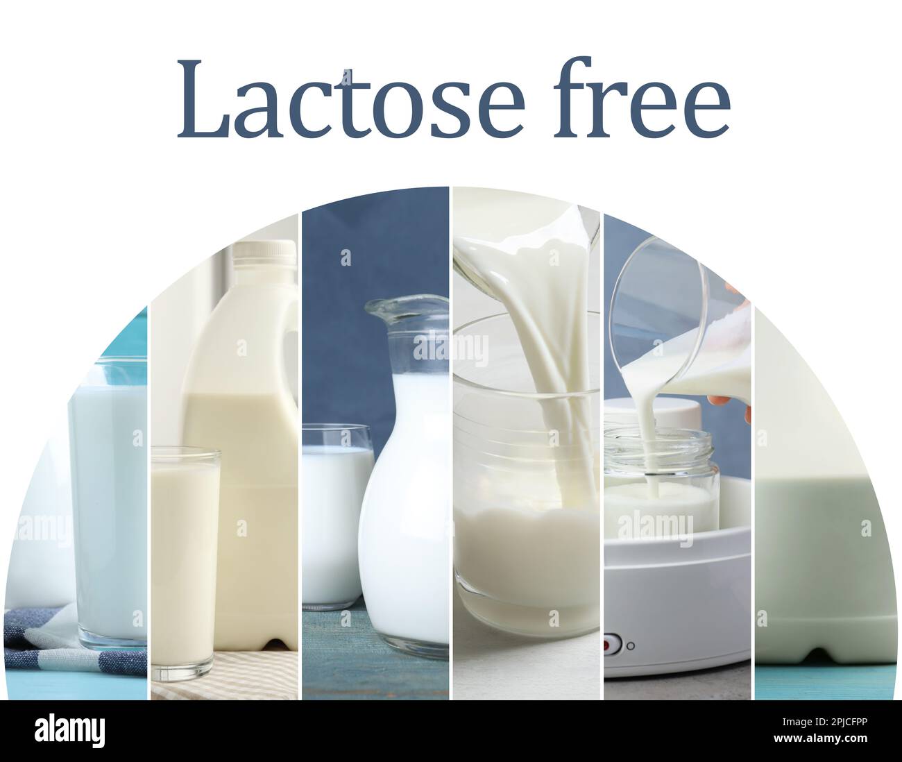 Collage with photos of lactose free dairy products on white background ...