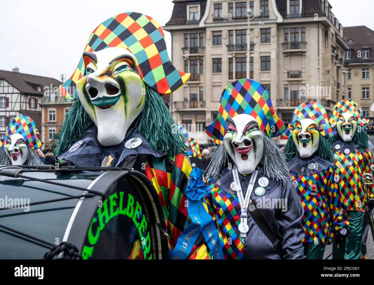 colorful harlequin band at the Basel Switzerland Carnival or Fasnacht ...