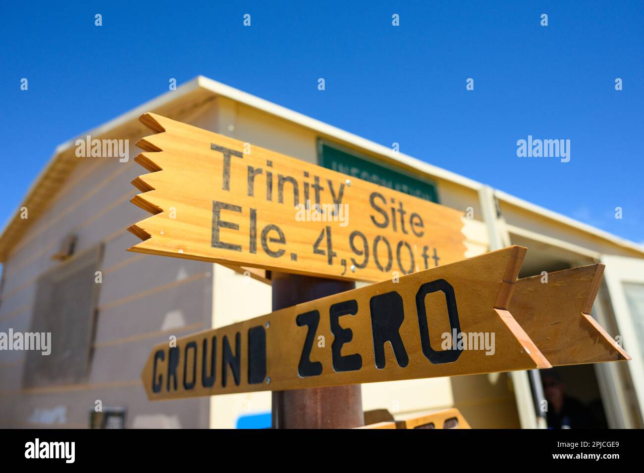 A wooden sign directs visitors to Ground Zero at the Trinity Site on ...