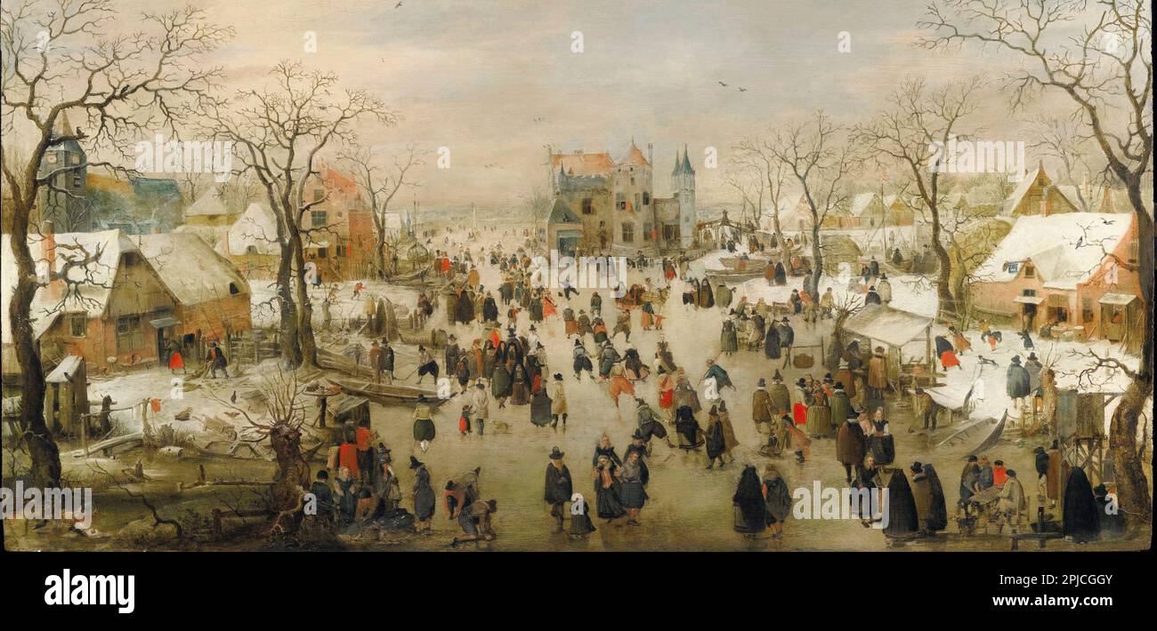 A panoramic Winter landscape with a multitude of figures on a frozen ...