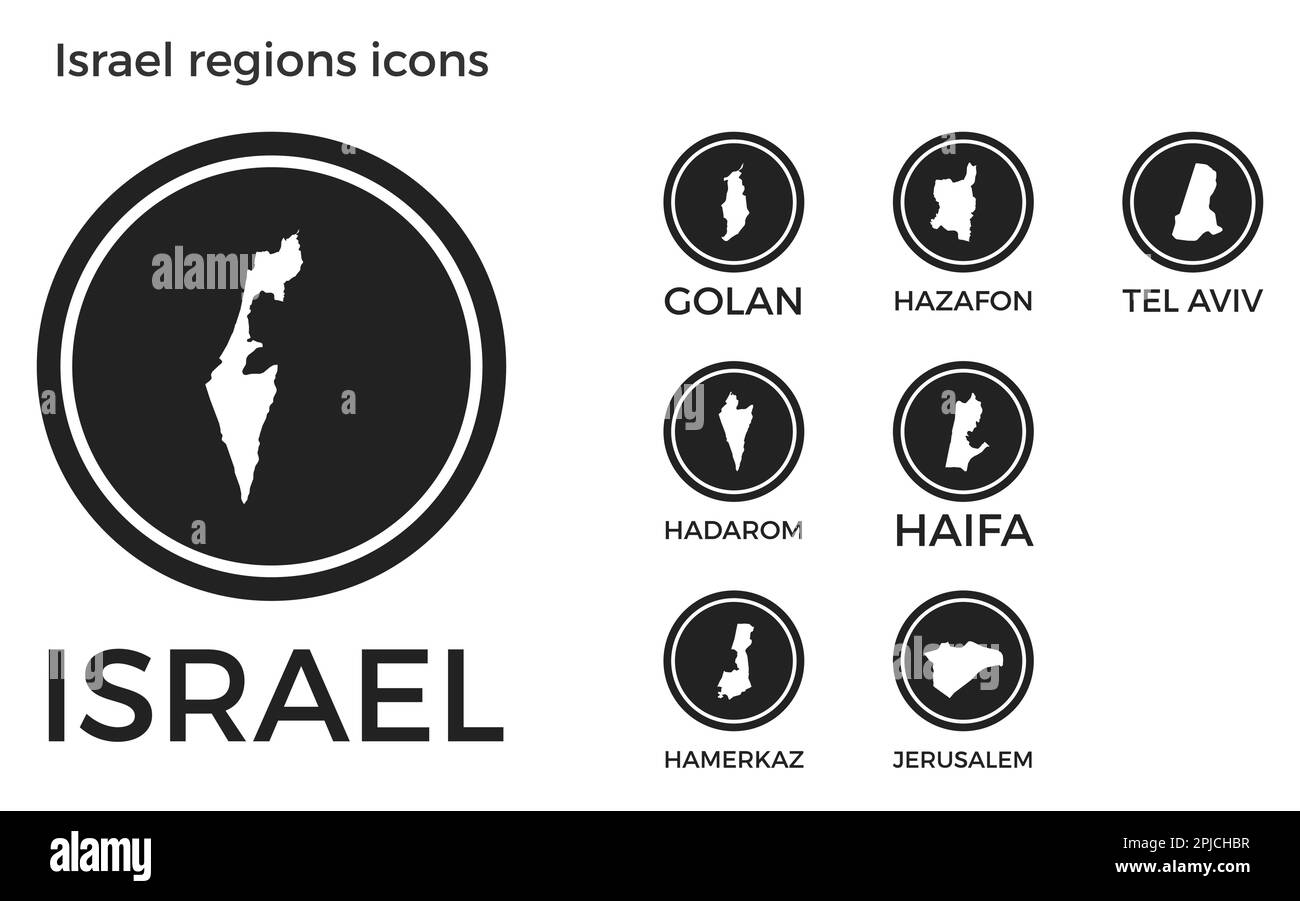 Israel regions icons. Black round logos with country regions maps and ...