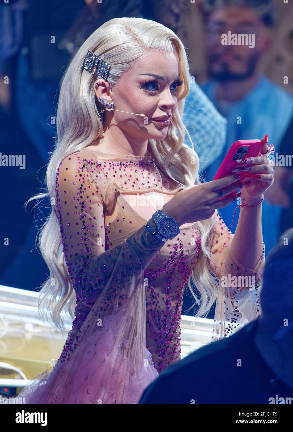 Cologne, Germany. 01st Apr, 2023. Juror Katja Krasavice stands in the studio during the first ...