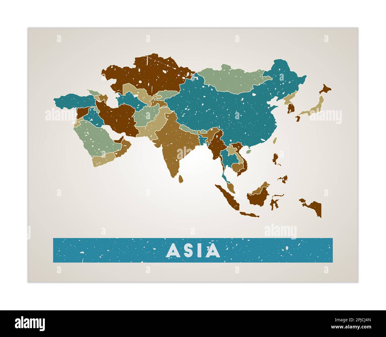 Asia map. Continent poster with regions. Old grunge texture. Shape of ...