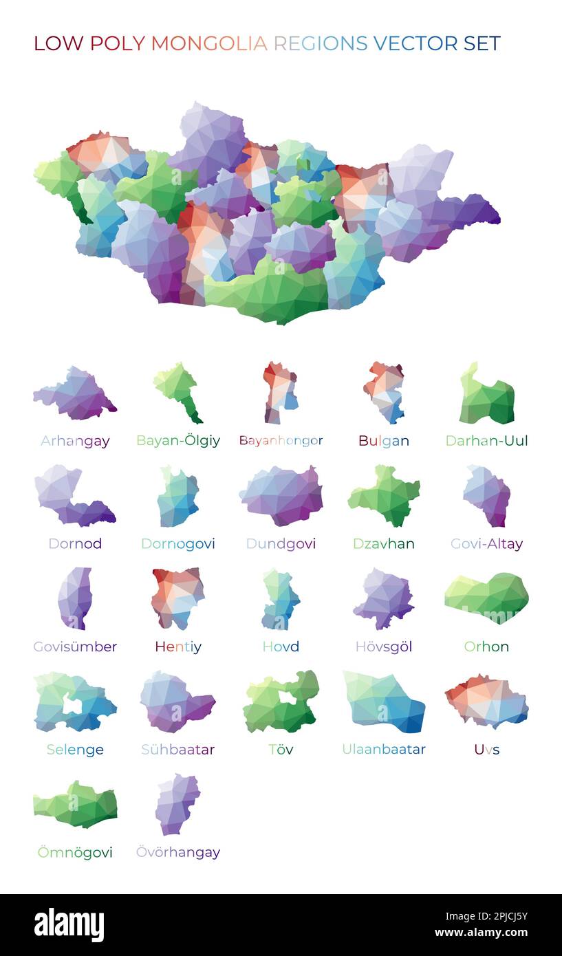 Mongolian low poly regions. Polygonal map of Mongolia with regions. Geometric maps for your ...