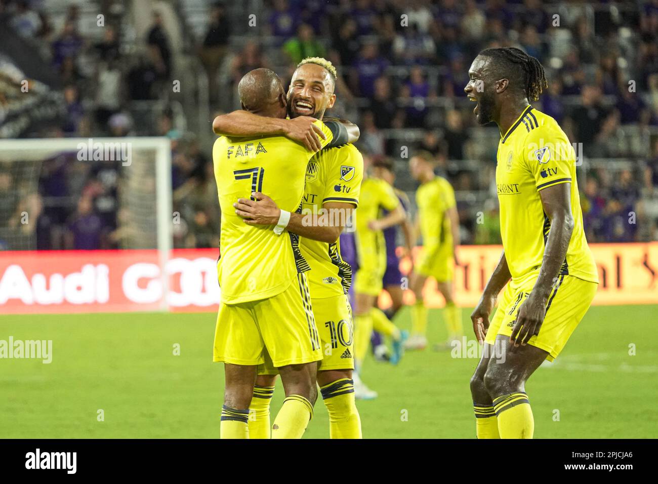 Orlando, Florida, USA, April 1, 2023, Nashville SC players Fabrice-Jean Picault #7, Hany Mukhtar ...