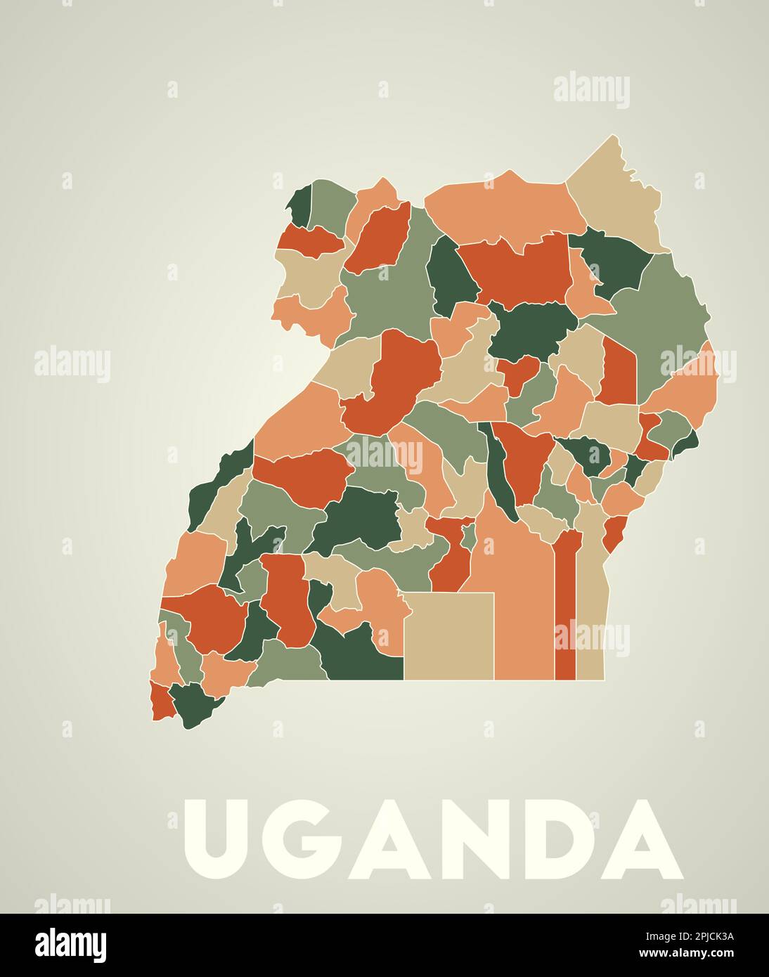 Uganda poster in retro style. Map of the country with regions in autumn ...
