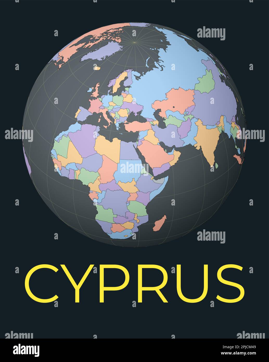 World map centered on Cyprus. Red country highlighted. Satellite world ...