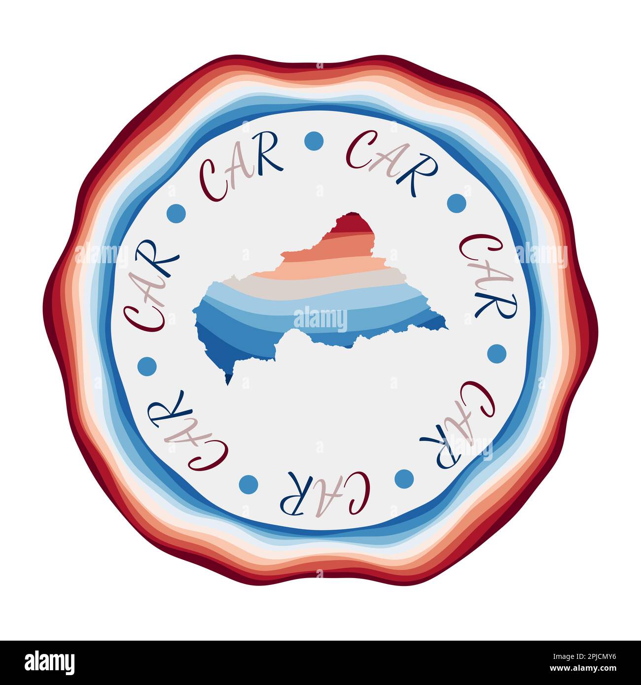CAR badge. Map of the country with beautiful geometric waves and vibrant red and blue frame ...
