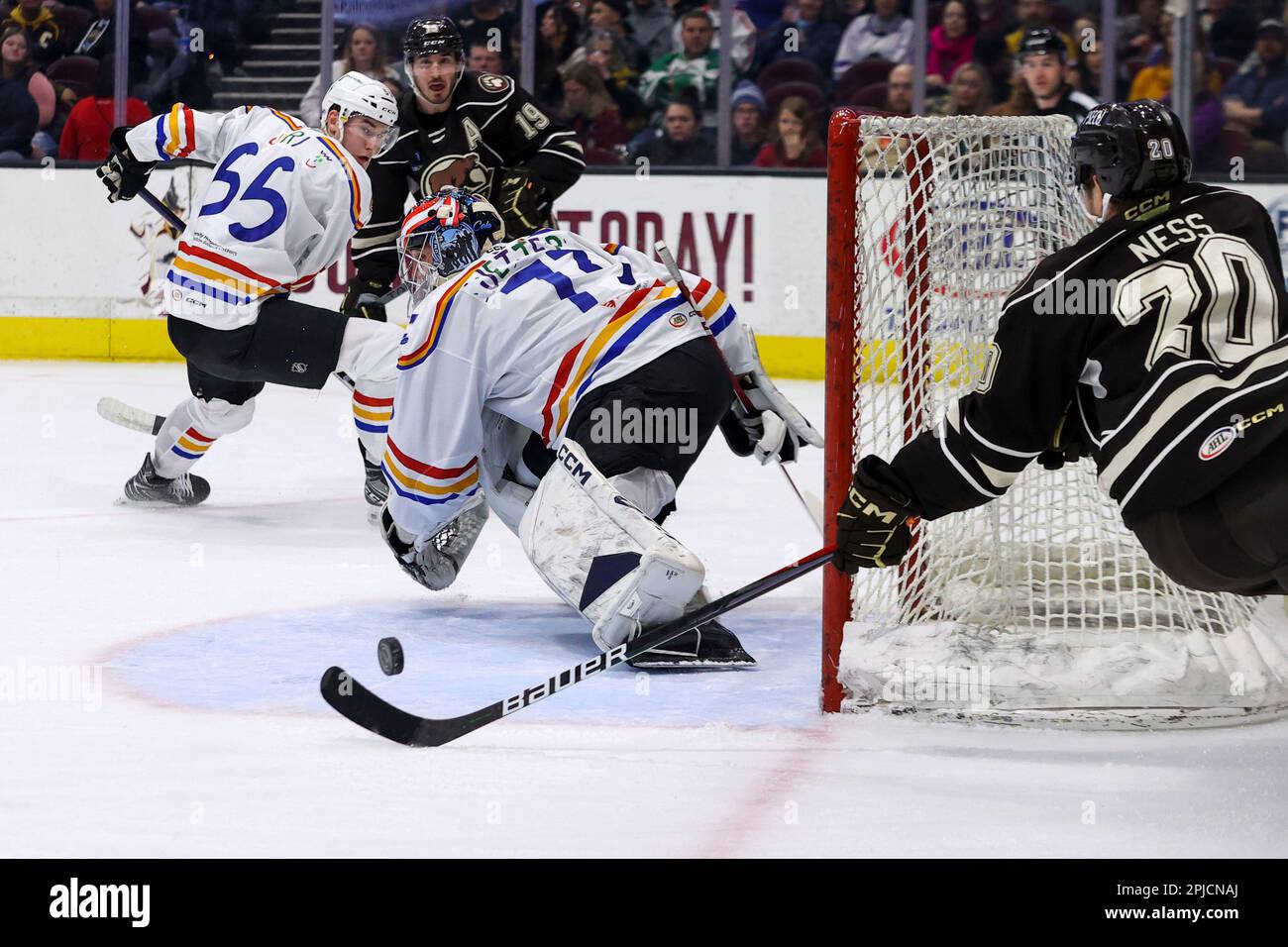 CLEVELAND, OH - APRIL 01: Hershey Bears defenceman Aaron Ness (20) puts ...