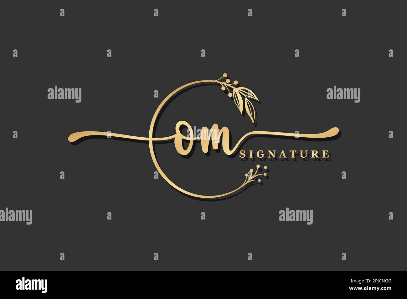 luxury gold signature initial om logo design isolated leaf and flower ...