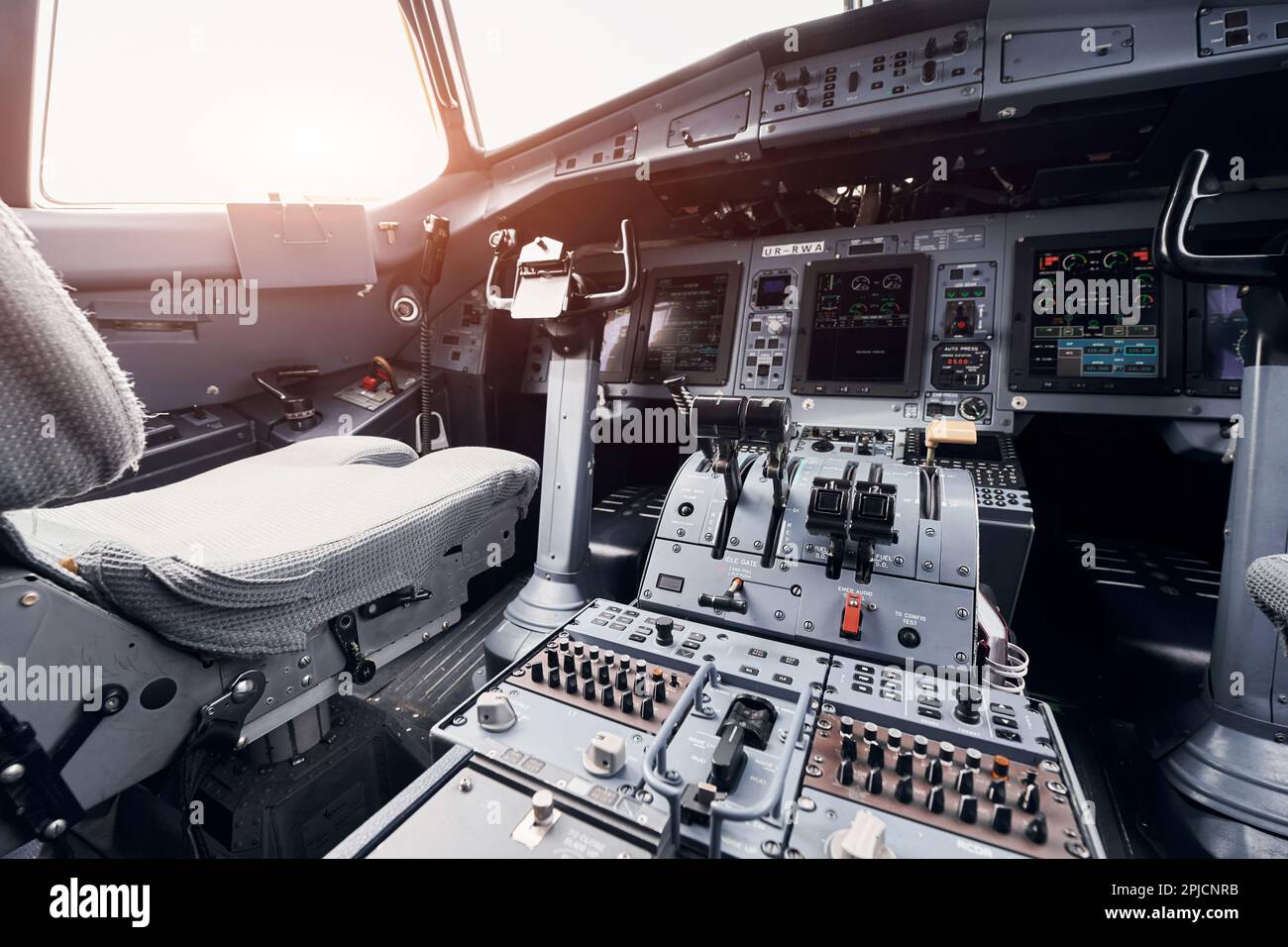 Display with information. Close up focused view of airplane cockpit ...