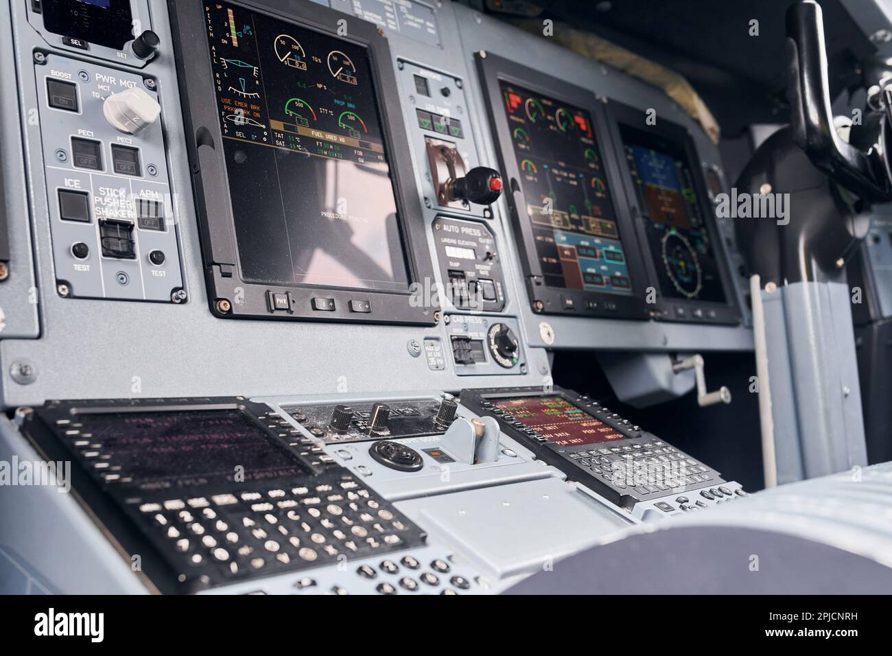 Display with information. Close up focused view of airplane cockpit ...