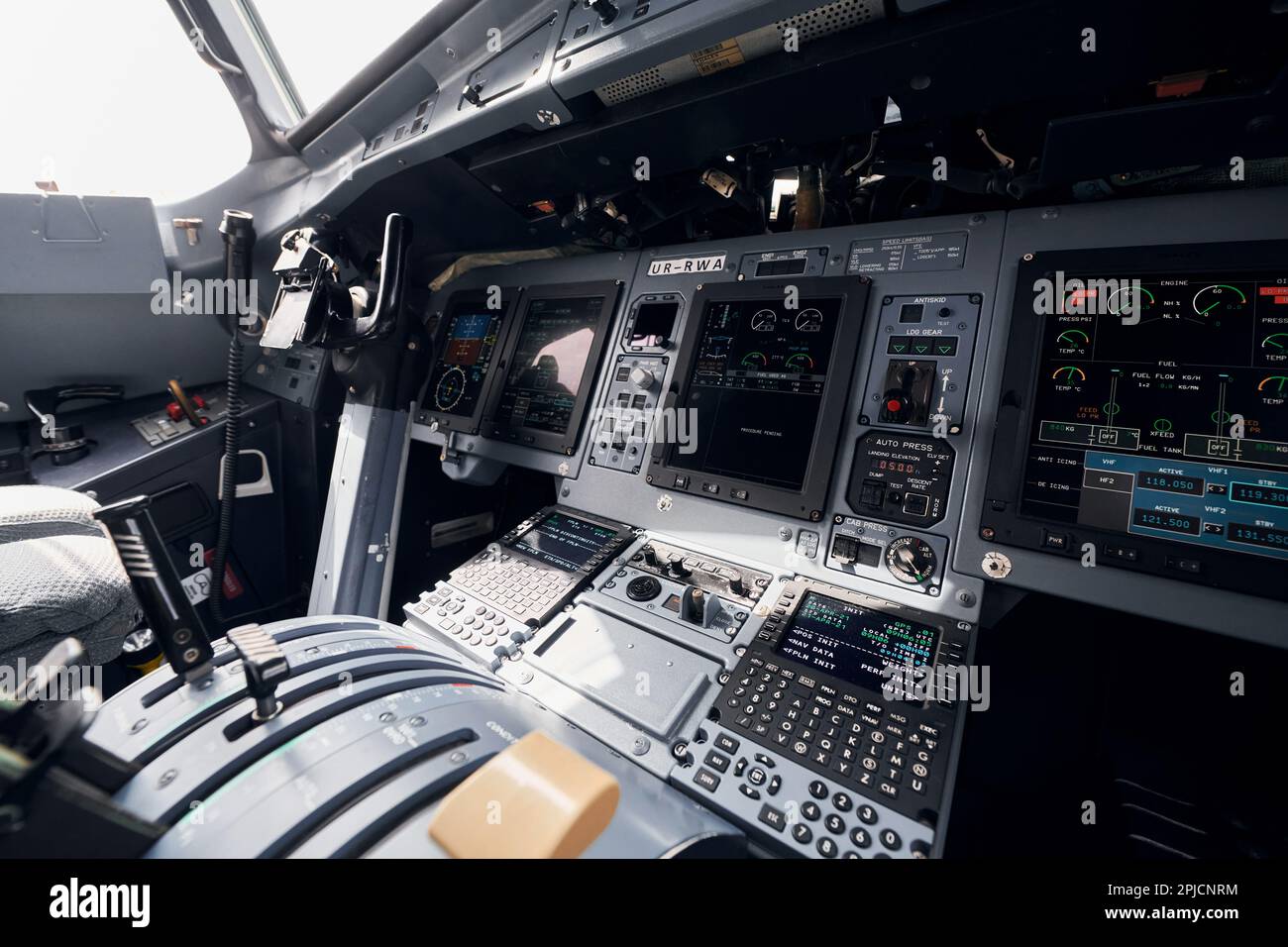 Display with information. Close up focused view of airplane cockpit ...