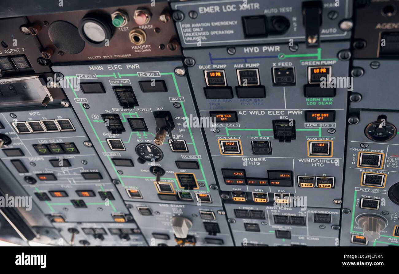 Control panel. Close up focused view of airplane cockpit Stock Photo ...
