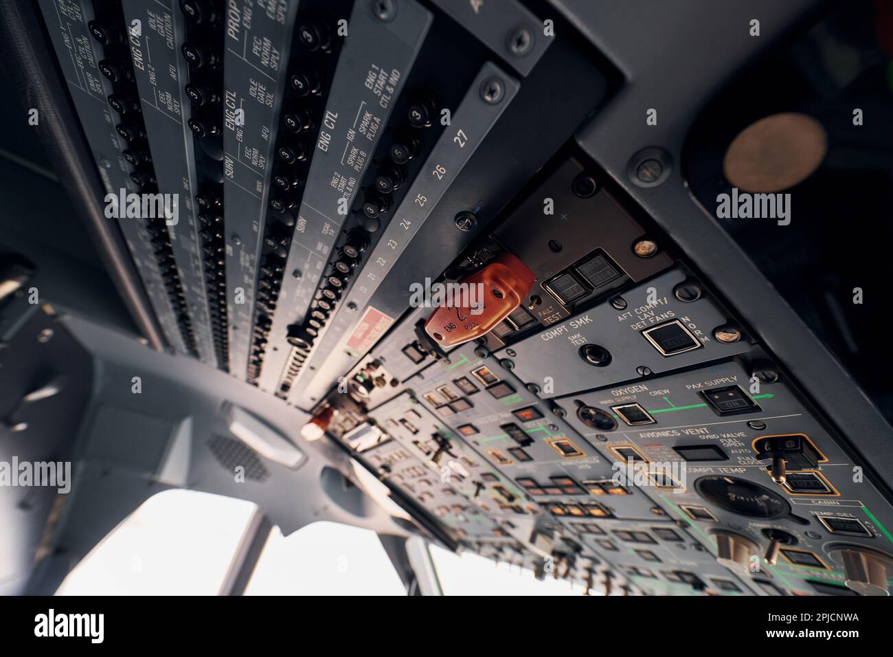 Control panel. Close up focused view of airplane cockpit Stock Photo ...