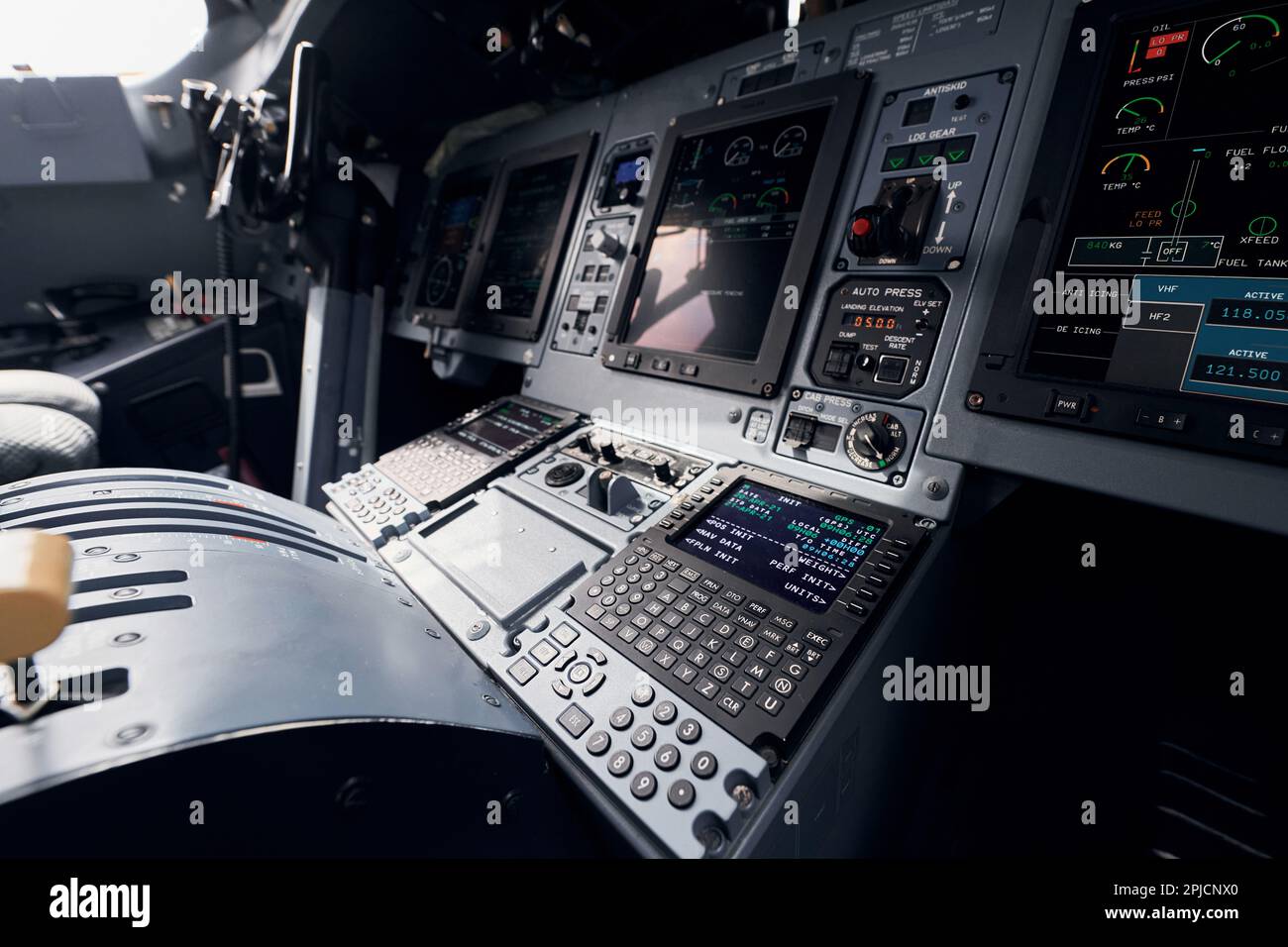 Display with information. Close up focused view of airplane cockpit ...