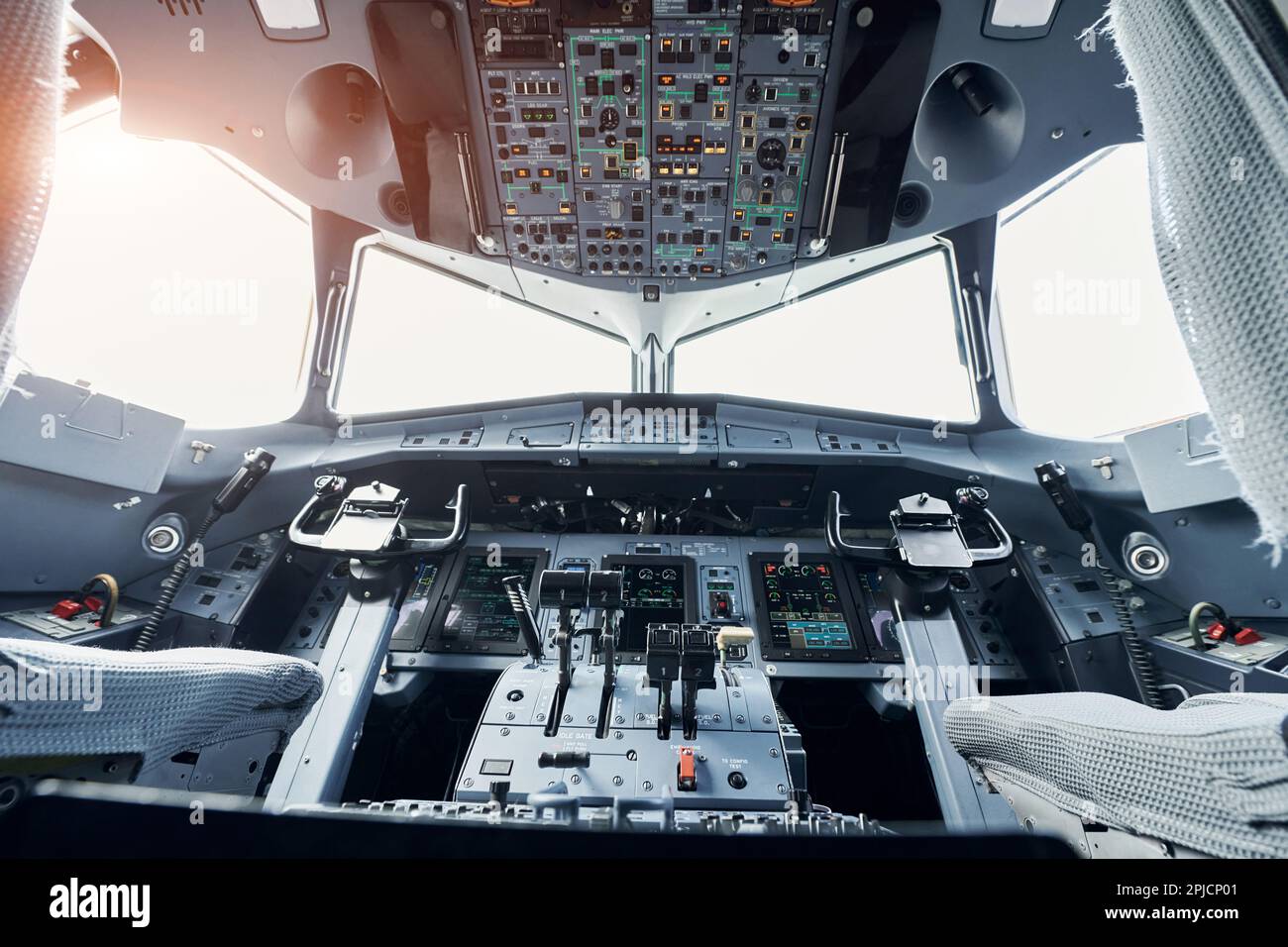 Beautiful sunlight. Close up focused view of airplane cockpit Stock ...