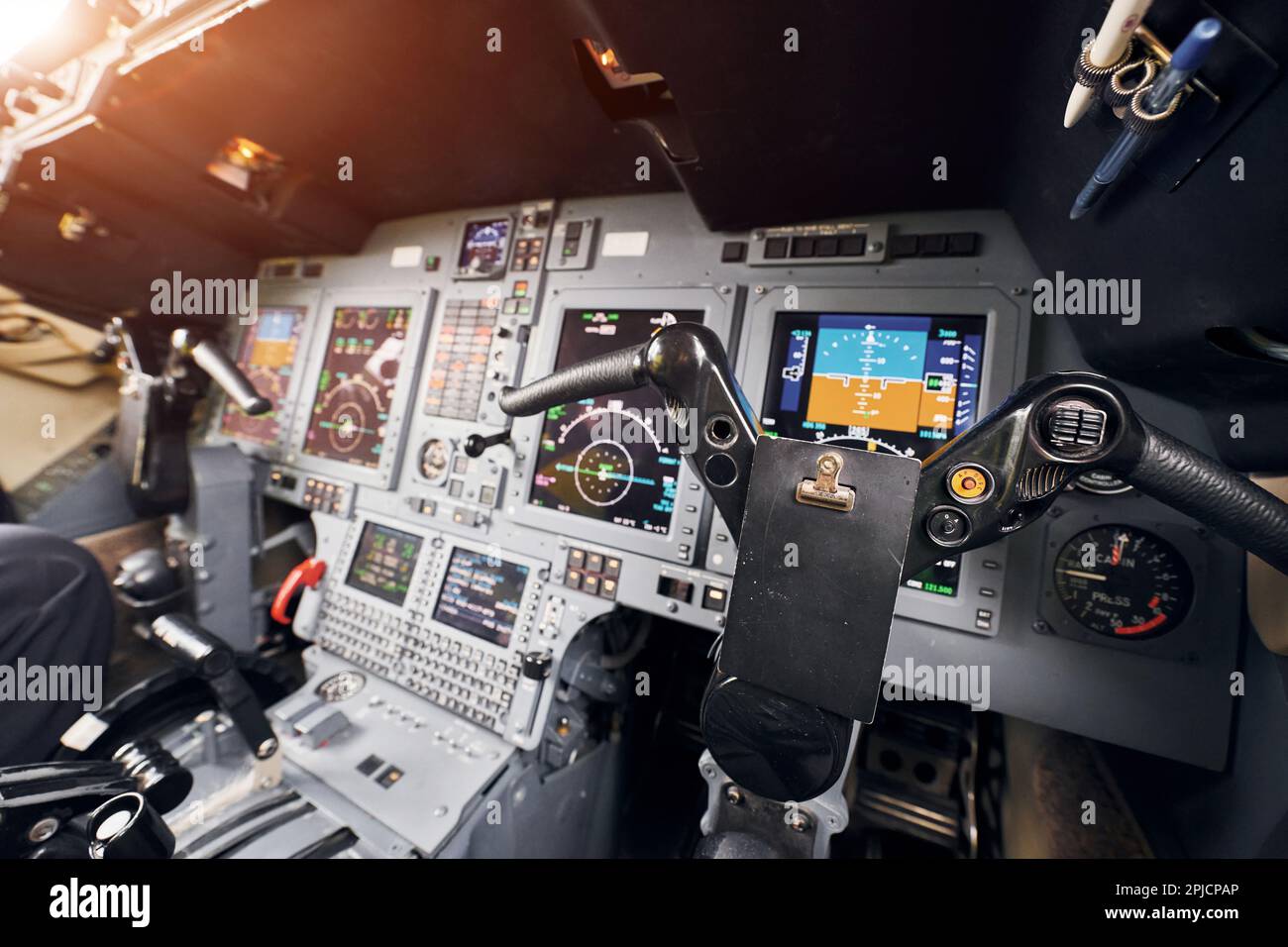 Beautiful sunlight. Close up focused view of airplane cockpit Stock ...