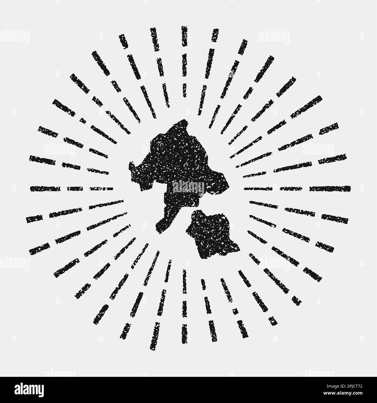 Vintage map of Aka Island. Grunge sunburst around the island. Black Aka ...