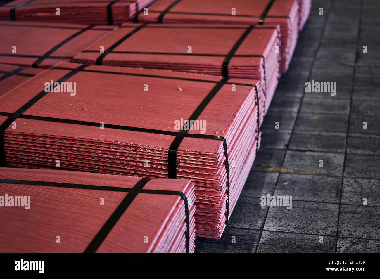 Piles of cathode copper plates at metal purification plant Stock Photo ...