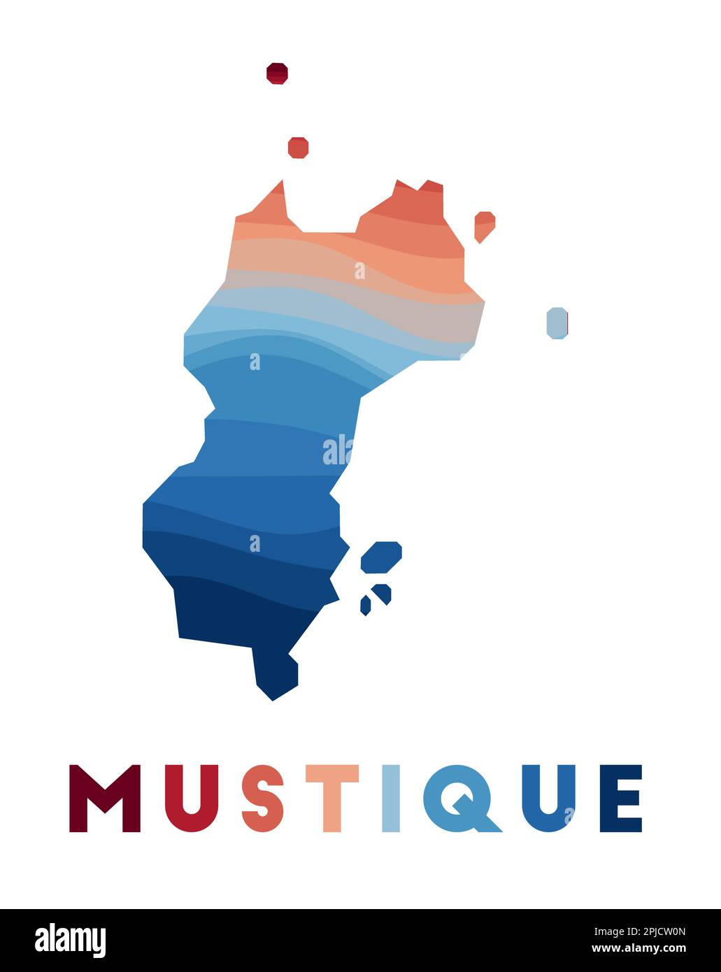 Mustique map. Map of the island with beautiful geometric waves in red ...