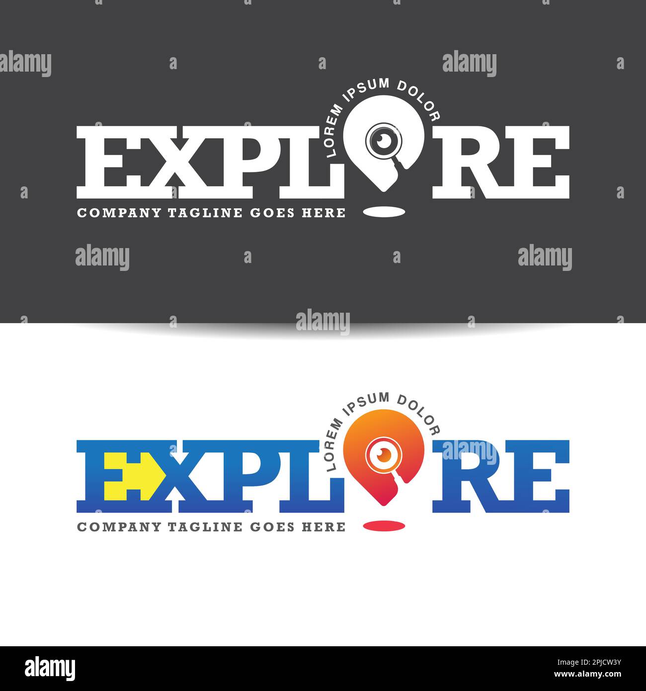 logotype EXPLORE with magnifier logo symbol isolated pin map. Creative ...