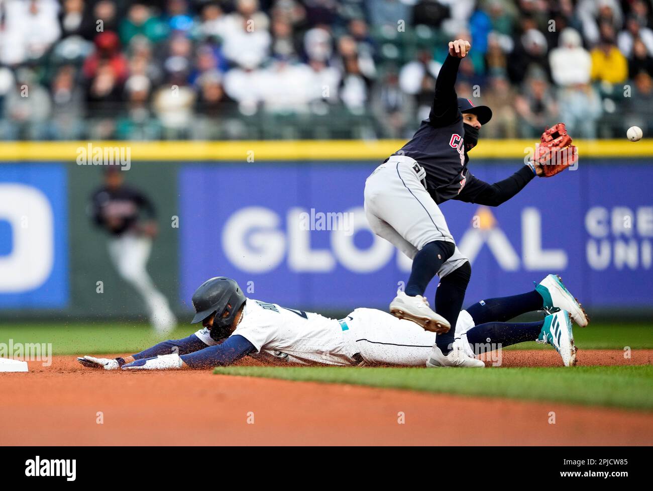 Seattle Mariners' Julio Rodriguez steals second as Cleveland Guardians ...
