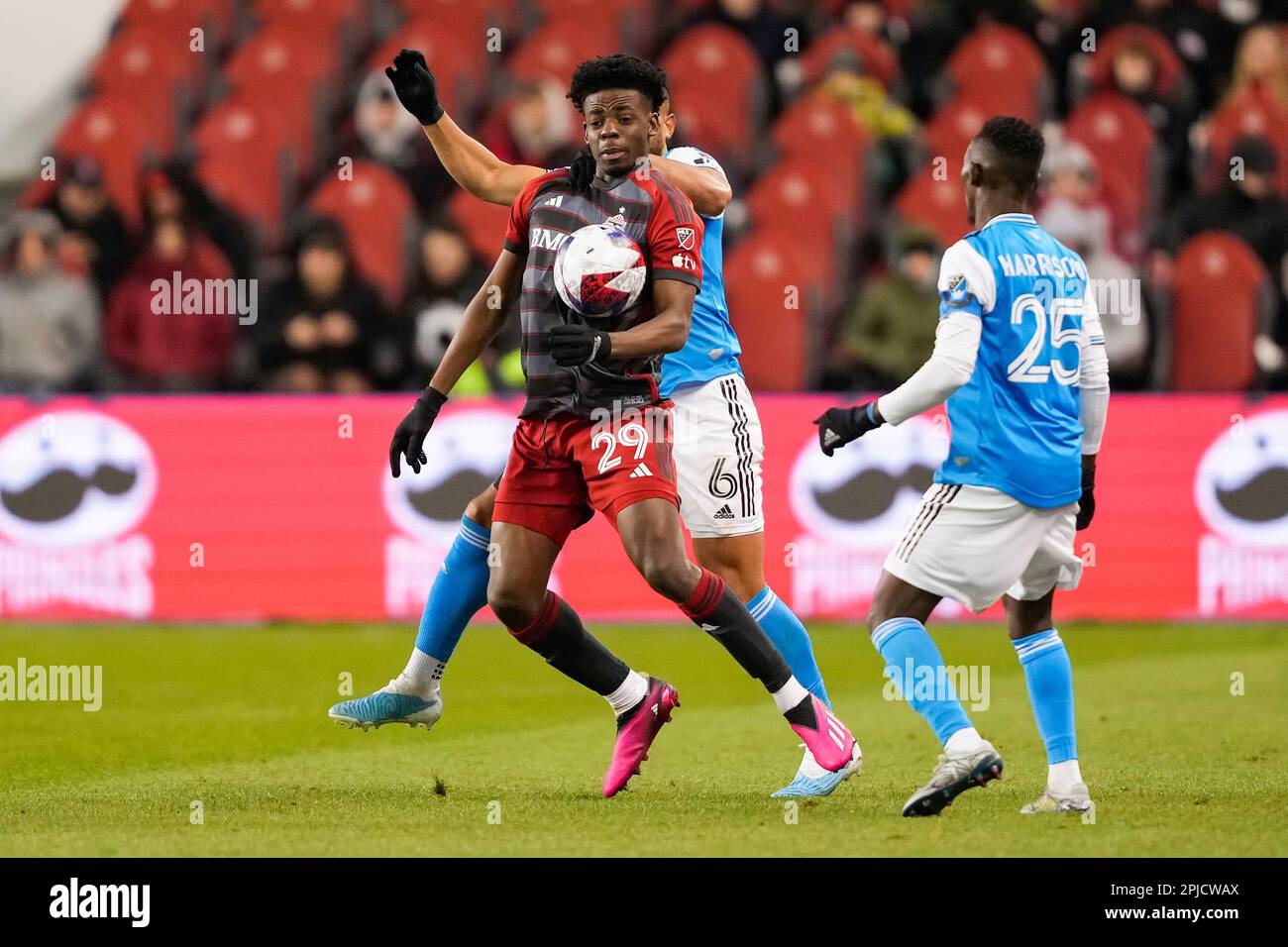 Toronto FC forward Deandre Kerr (29) plays the ball against Charlotte ...