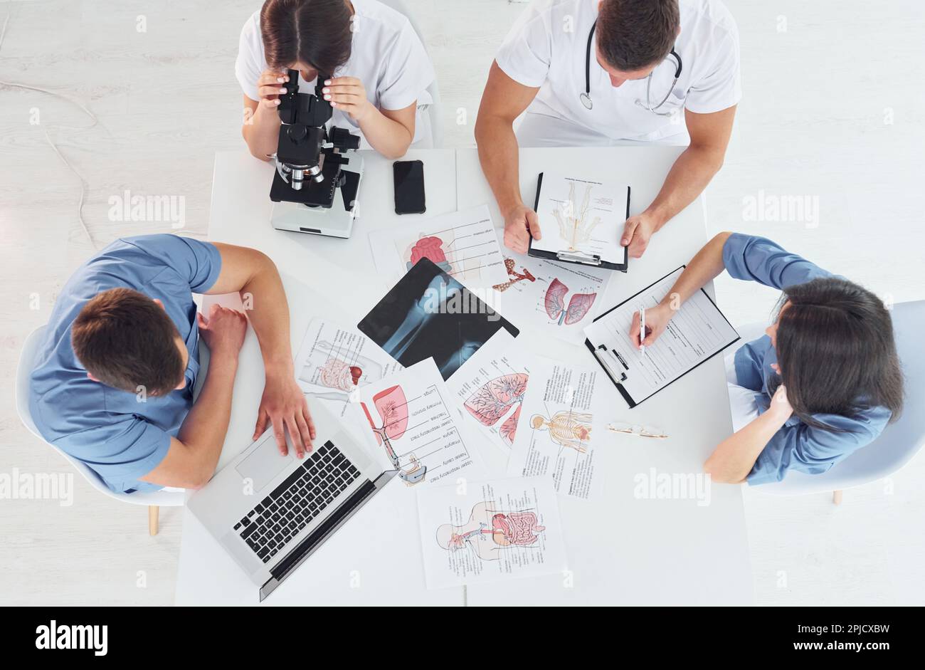 Top view. Group of young doctors is working together in the modern ...
