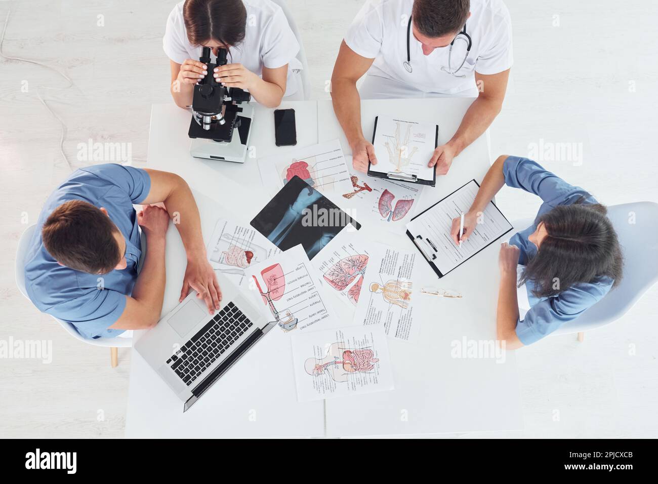 Top view. Group of young doctors is working together in the modern ...