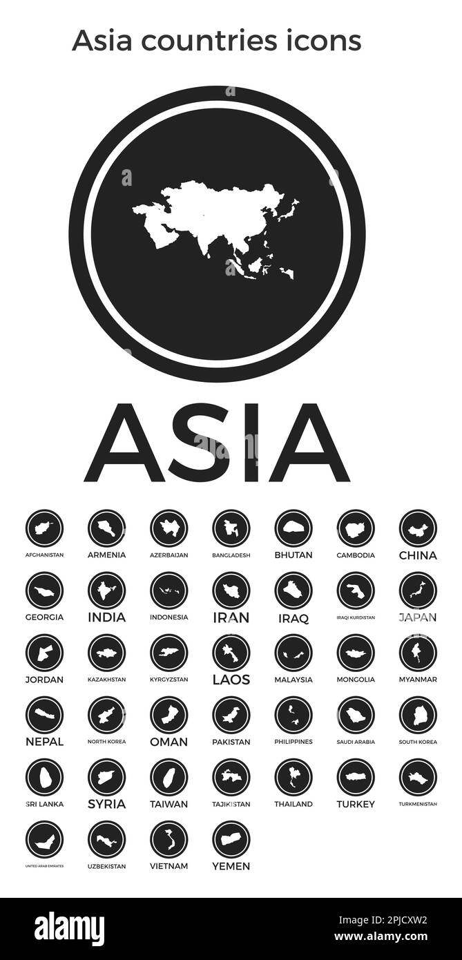 Asia countries icons. Black round logos with continent countries maps ...