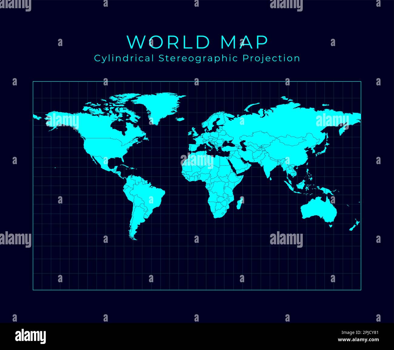 Map of the World. Cylindrical stereographic projection. Futuristic ...