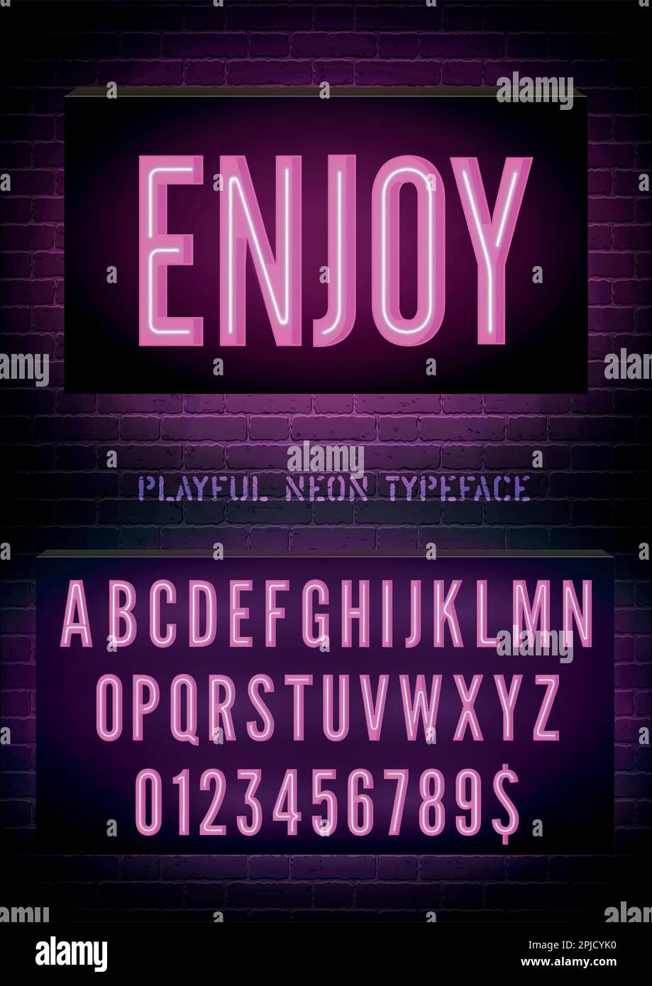 Enjoy neon box sign with pink narrow alphabet on dark brick wall ...